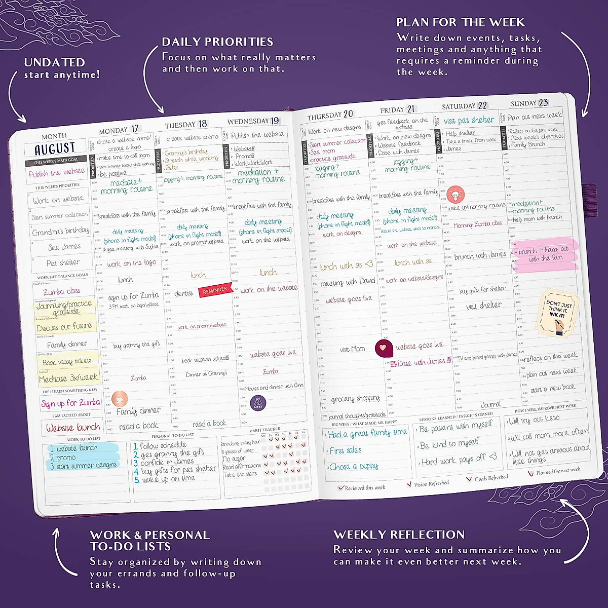 Legend Planner PRO Hourly Schedule - Weekly & Daily Organizer with Time Slots. Appointment Book Journal for Work & Personal, A4 (Purple)