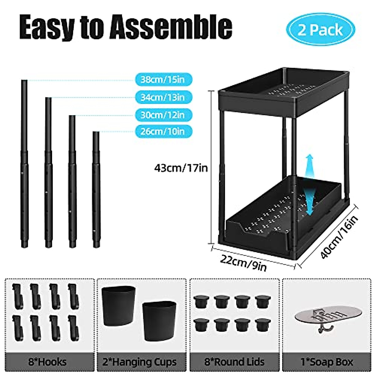 Eufrozy 2 Pack 2-Tier Under the Sink Organizer Bathroom, Sliding Under Cabinet Basket Organizer Adjustable Height Under Sink Storage for Kitchen Shelf Multi-Purpose Rack Drawer with 8 Hook 2 Cup