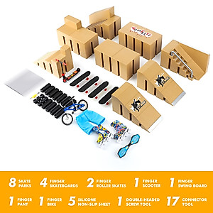 DaCool Fingerboard Skate Park Kit 19 PCS Fingerboard Ramps Mini Finger Toys Finger Skateboards Swing Board Finger Bike Scooter Roller Skates Fingerboard Skatepark Ramp Deck for Kids Gift