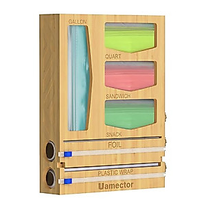 Uamector 6 In 1 Foil and Plastic Wrap Organizer, Ziplock Bag Organizer for Kitchen Drawer, Plastic Wrap Dispenser with Cutter, Bamboo Bag Storage Organizer for Gallon, Quart, Sandwich