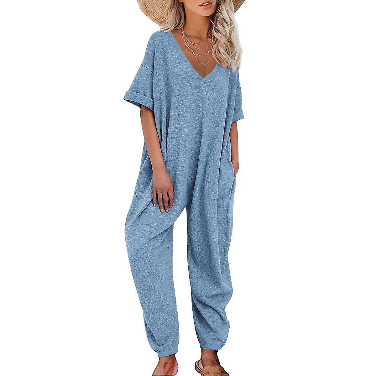 Nirovien Women's Solid Color V Neck Jumpsuits Casual Half Sleeve Long Rompers Beam Foot Baggy Overalls(Blue,2XL)