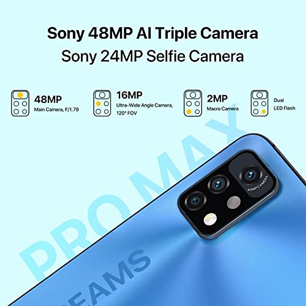 UMIDIGI A11 Pro Max Unlocked Cell Phone, with Sony Camera, 6.8" FHD Full View Screen, 5150mAh Battery Android 11 Smartphone with Dual SIM (A11 Pro Max 4+128G, Mist Blue)