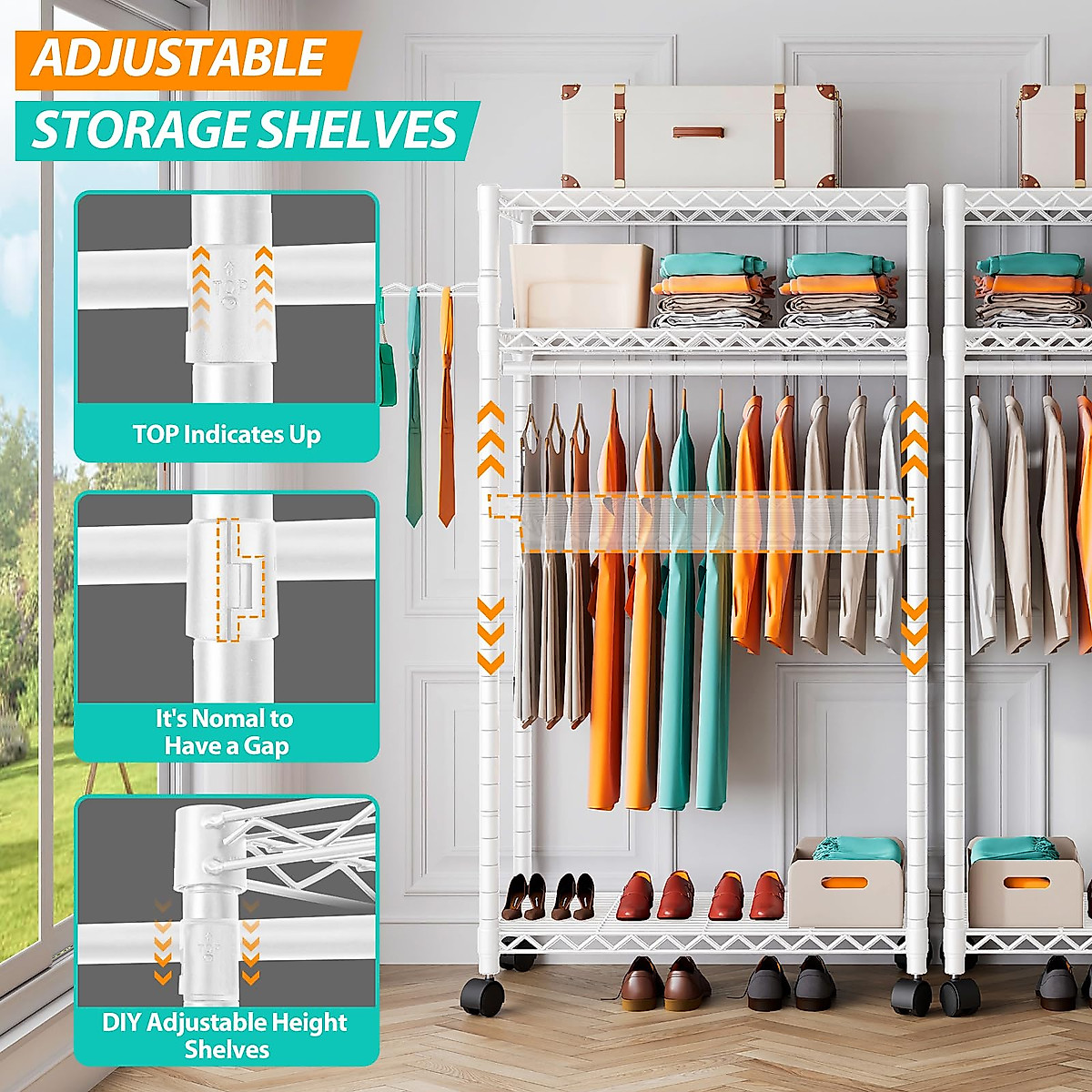 PUNION Heavy Duty Rolling Garment Rack,Portable Clothes Rack for Hanging Clothes,Clothing Rack,Wardrobe Storage Rack with 3 Shelves,1 Hang Rod,1 Side Hook,36" Lx18 Wx71 H, Max Load 500LBS, White,GR1