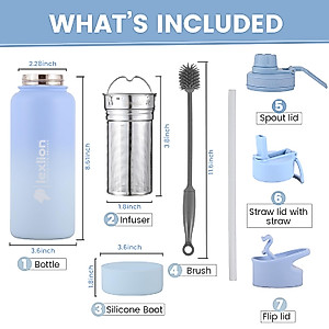 Lexlion Tea Infuser Bottle - Fruit Infuser Water Bottle 32 Oz, Triple Walled Insulated Stainless Steel Bottle, Thermal Leaf Infuser, Silicone Sleeve, 3 Lids Leakproof, Metal Mug Gallon