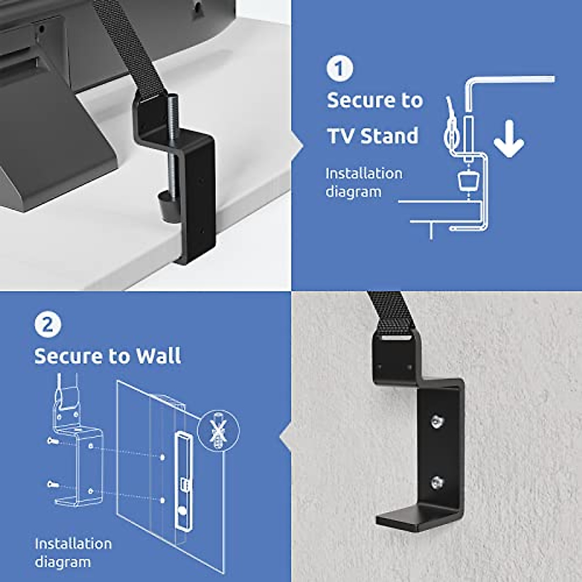 TV Safety Straps, Anti-Tip Straps for Child and Baby Proofing, Flat Screen TV Safety Straps TV Wall Anchors with VESA Mounting, Punch-Free Clamp Metal Connectors, Black