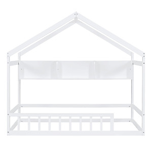 Harper & Bright Designs Twin Size House Bed with Storage Shelf, Montessori Floor Bed with Fence and Roof, Wooden Twin Bed Frame for Kids, White