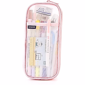 Grid Mesh Pen Pencil Case with Zipper, Large capacity Clear Makeup Color Pouch Cosmetics Bag, Multi-Purpose Travel School Teen Girls Transparent Stationary Bag, Office Organizer Box for Adluts (Pink)