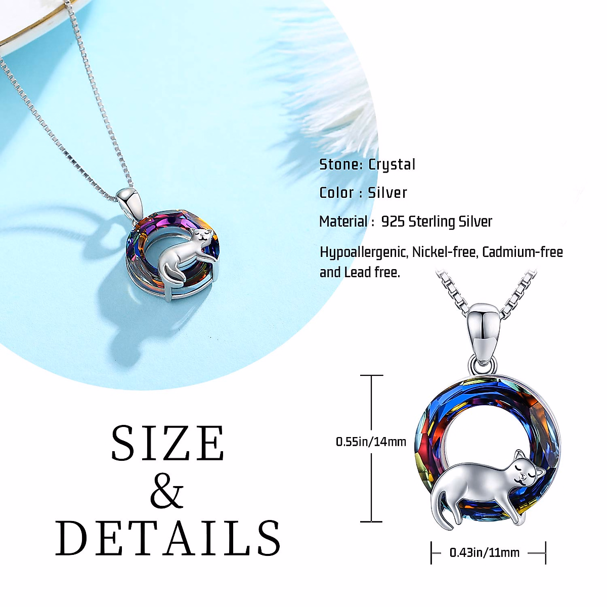 JUSTKIDSTOY Cat Necklace 925 Sterling Silver Cute Animal Pendant Necklace with Crystal Cat Jewelry Gifts for Women Cat Lovers