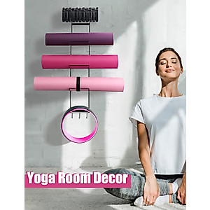 5-Tiers Yoga Mat Holder Wall Mount, Metal Storage Rack for Yoga Mat/Wheels, Foam Roller and Block, Wall Yoga Mat Rack with 3-Hooks for Hanging Stretching Strap, Resistance Bands, Yoga Accessories