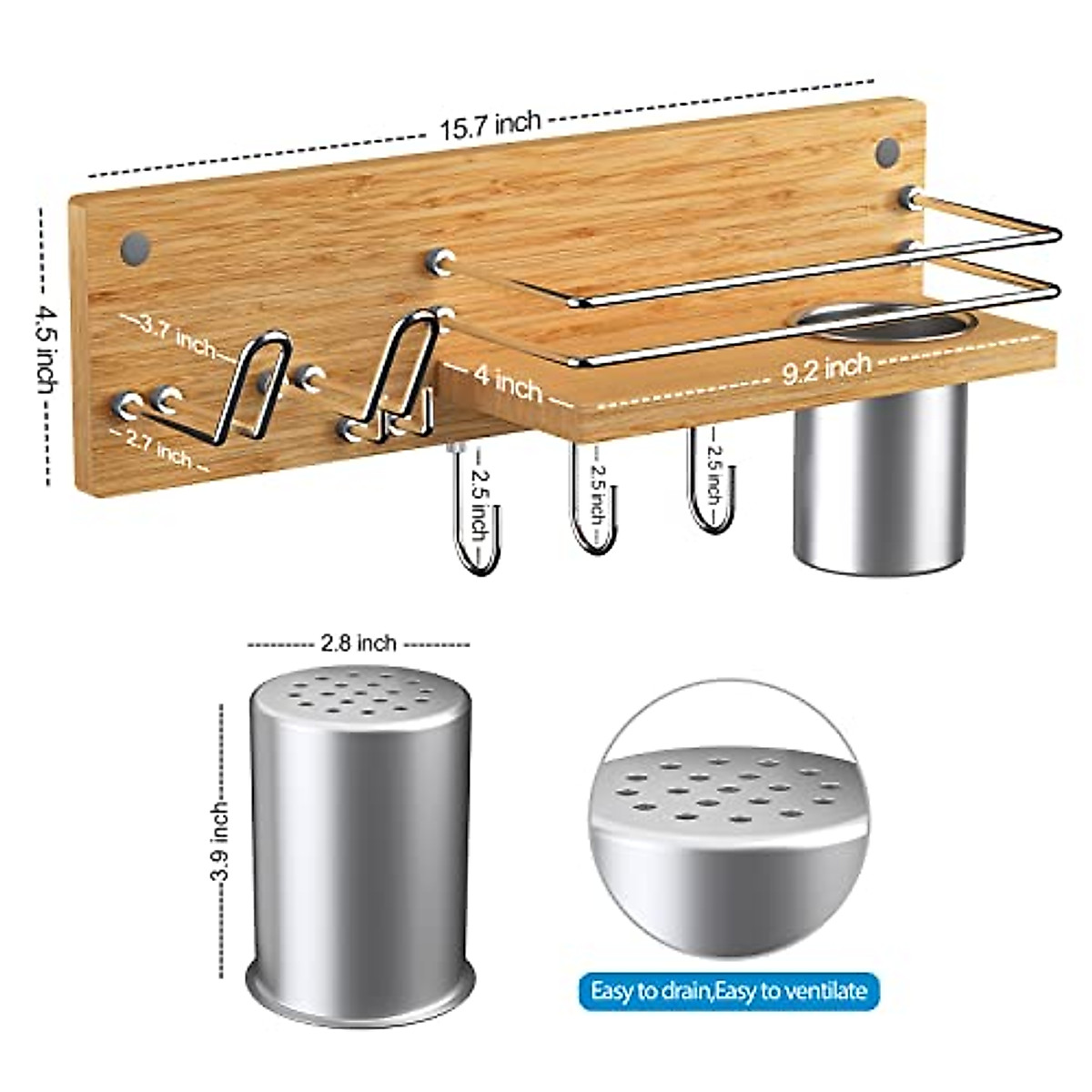 RoleDes Bamboo Hair Dryer Holder Wall Mount,Bathroom Organizer for Styling Tools,Blow Dryer,Curling Iron,Hair Straightener Floating Shelves for Hairdryer Storage