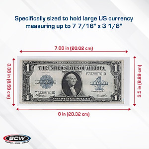 BCW Large Bill Deluxe Currency Holders - 50ct | Deluxe Archival Safe Bill Protector Sleeves | High Clarity Double-Polished Clear Vinyl | for Collectors and Numismatics | Large Currency Holders