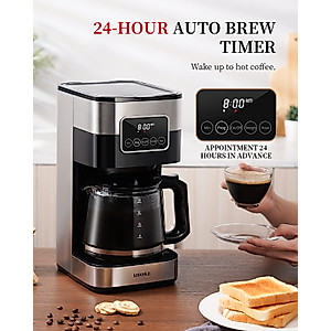 KIDISLE Programmable Drip Coffee Maker with Regular & Strong Brew, Warming Plate, 10 Cup Small Coffee Machine with Touch Screen, Glass Carafe and Reusable Filter for Home and Office, Stainless Steel