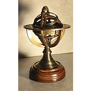 Karv Instruments Antique Brass 6" Decorative Armillary Sphere Globe Astrolabe Zodiac Engraved Celestial Globe Wooden Base