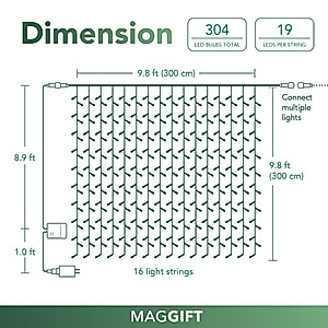 MAGGIFT 304 LED Curtain String Lights, 9.8 x 9.8 ft, 8 Modes Plug in Fairy String Light with Remote Control, Christmas, Backdrop for Indoor Outdoor Bedroom Window Wedding Party Decoration, Warm White