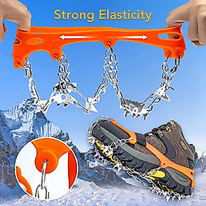 Crampons Ice Cleats Anti Slip Newest 28 Stainless Steel Spikes Suitable for All Boots Shoes Great Protect for Hiking Trekking Walking Jogging Climbing Mountaineering Fishing Men Women Kids(Orange, L)