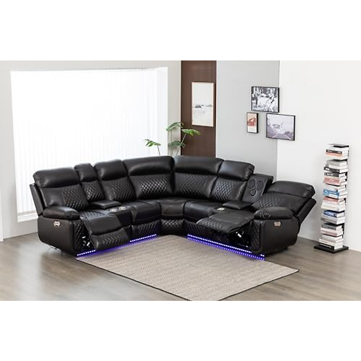 Kingway Inc Rexon Power Recliner Sectional Living Room Sofa Set with speaker,LED and USB port, Brown