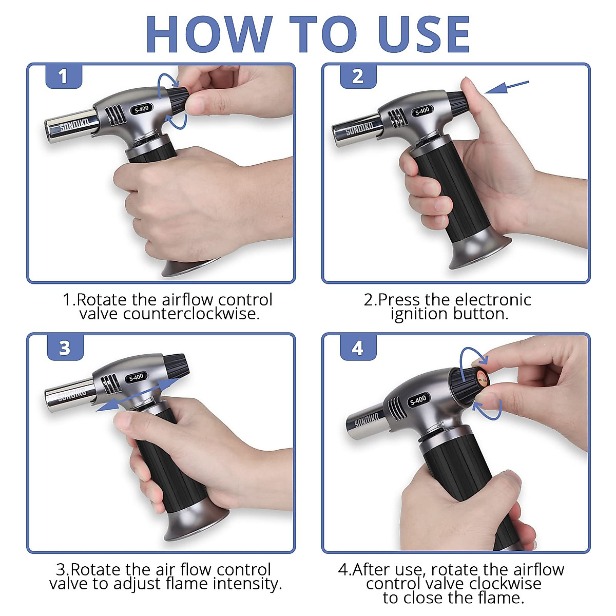 Sondiko Culinary Butane Torch, Black and Gray SP400, Fit All Small Butane Tanks with Safety Lock and Adjustable Flame for Desserts, Creme Brulee(Butane Gas Not Included)