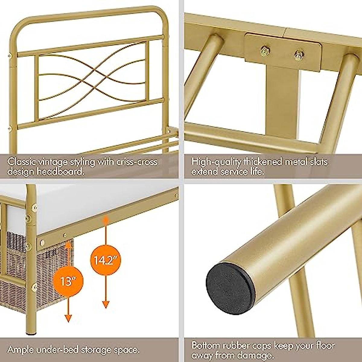 Topeakmart Twin Bed Frames Metal Bed with Vintage Style/Criss-Cross Design Headboard/Mattress Foundation/No Box Spring Needed/Under Bed Storage/Strong Slat Support Antique Gold Twin Bed