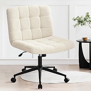 Furniliving Wide Desk Chair, Faux Fur Upholstered Office Chair with Wheels, Adjustable Accent Chair with Thicken Seat, Computer Chair for Living Room, Study Room, Home Office, IvoryWhite