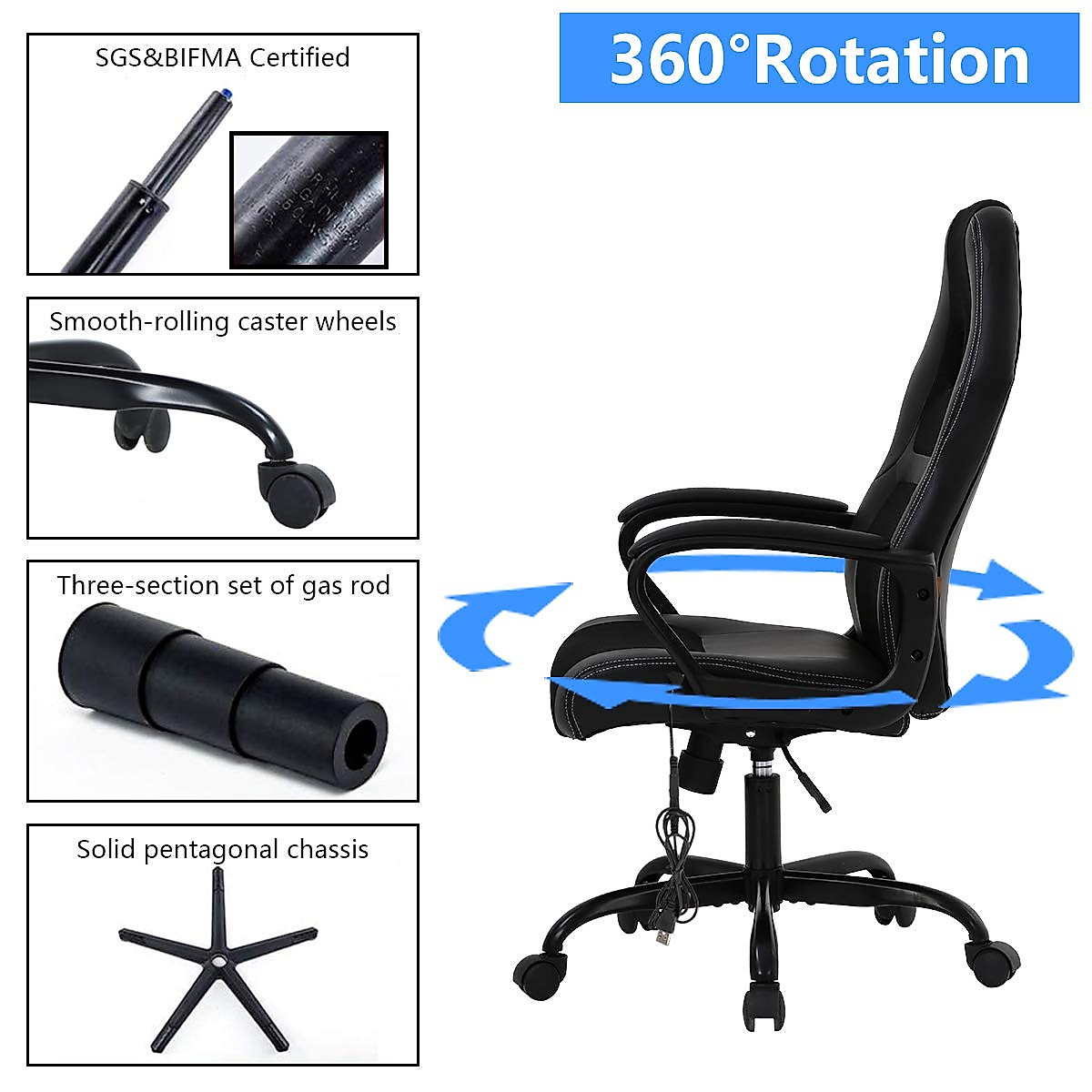 Gaming Chair Computer Chair Office Chair Ergonomic High Back Massage PC Desk Chair with Lumbar Support & Padded Armrest Racing Style Cheap Adjustable Swivel Chair for Women Men Adult, Black