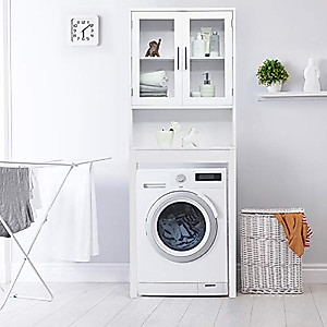 Giantex Over-The-Toilet Storage Cabinet W/Tempered Glass Doors, 3-Position Adjustable Shelf, Open Center Area, Anti-Tilt Design for Most Toilets Freestanding Bathroom Space Saver