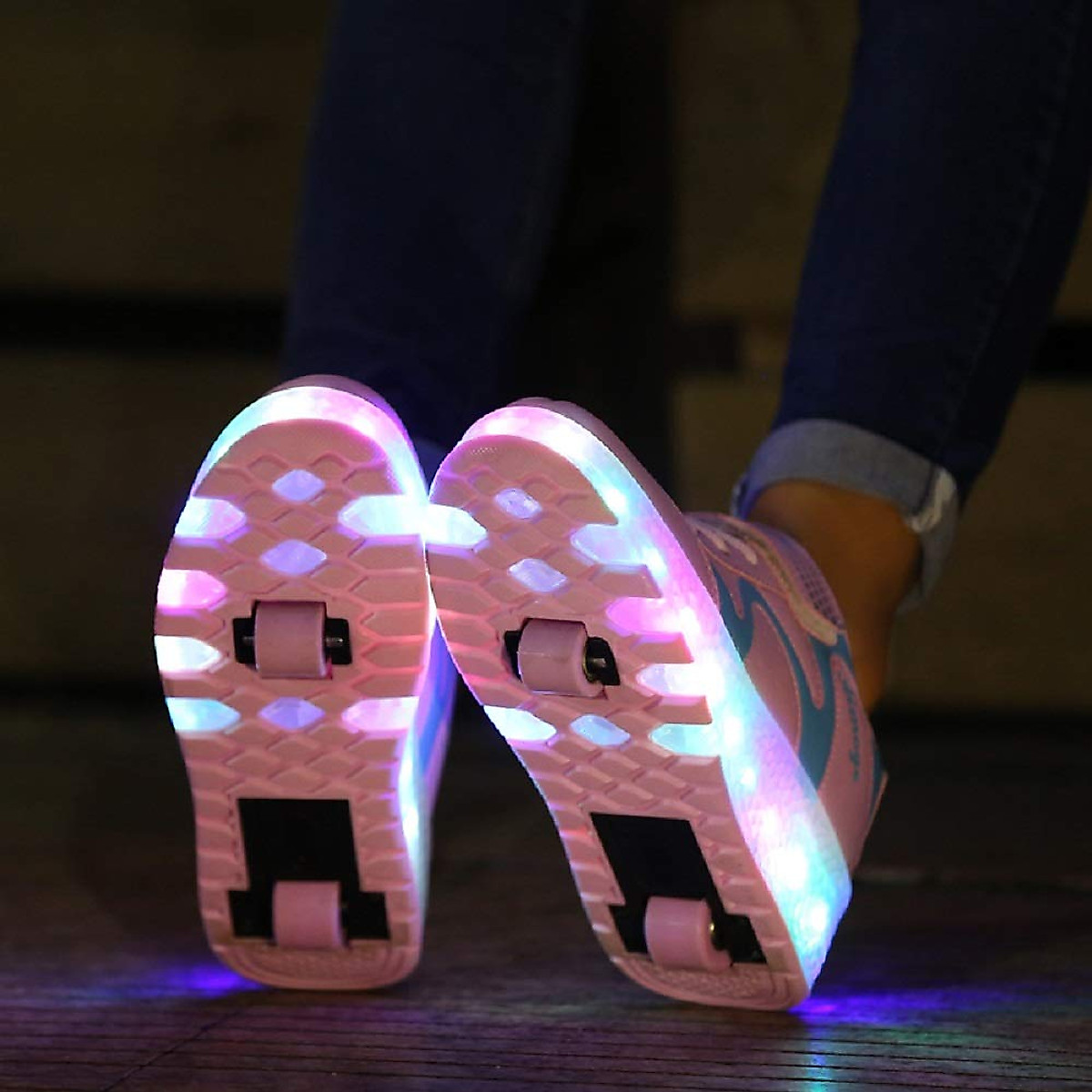 Ehauuo Kids Wheels Roller Shoes for Girls USB Light Up with Wheels Roller Sneakers for Gift (11 M US Little Kid, A-Pink)