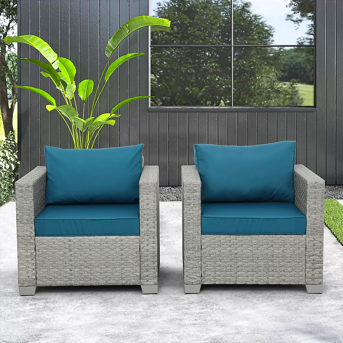 WAROOM Outdoor Sofa Wicker Patio Chairs Set of 2, Porch Single Chair Grey Rattan Deep Seating Armchair Balcony Furniture with Peacock Blue Cushion