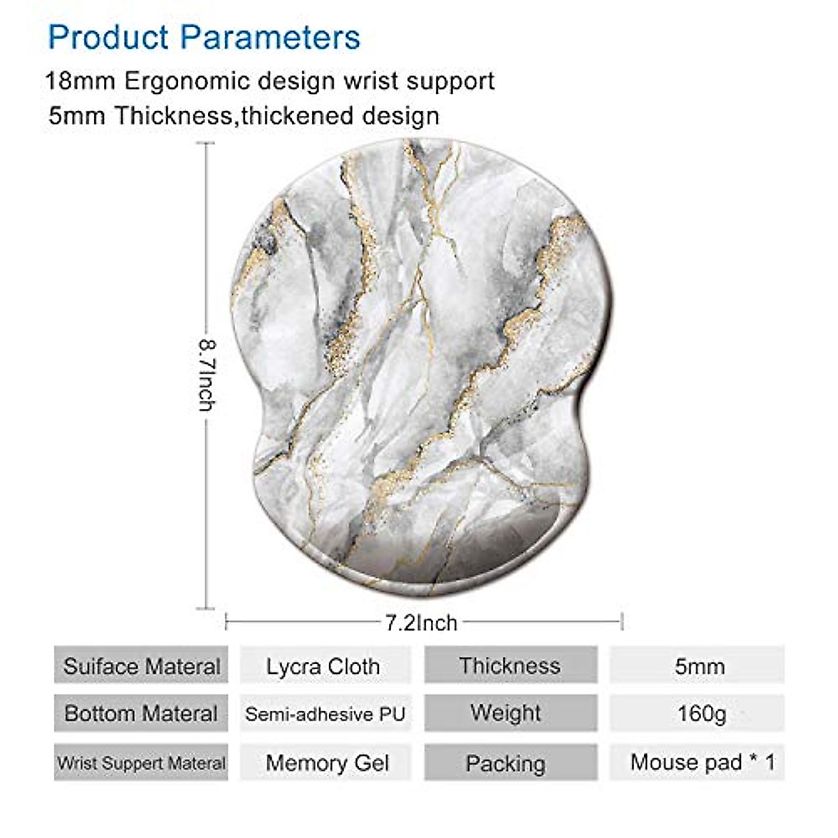 ITNRSIIET Mouse Pad, Ergonomic Mouse Pad with Gel Wrist Rest Support, Gaming Mouse Pad with Lycra Cloth, Non-Slip PU Base for Computer, Laptop, Home, Office & Travel,Gray Marbling