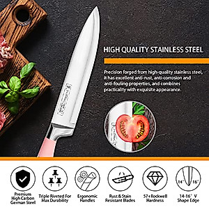 Kitchen Knife Set, Retrosohoo 9-Pieces Pink Sharp Non-Stick Coated Chef Knives Block Set ,Stainless Steel Knife Set for Kitchen with Sharpener for Cutting Slicing Dicing Chopping (Pink)