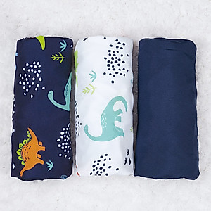 PHF 3 Pack Soft Bassinet Sheets, Dinosaur Comfy Polyester Cradle Sheets for Baby Boys Girls, Universal Fit for Most Cradle and Bassinet Mattress, Navy Dinosaur
