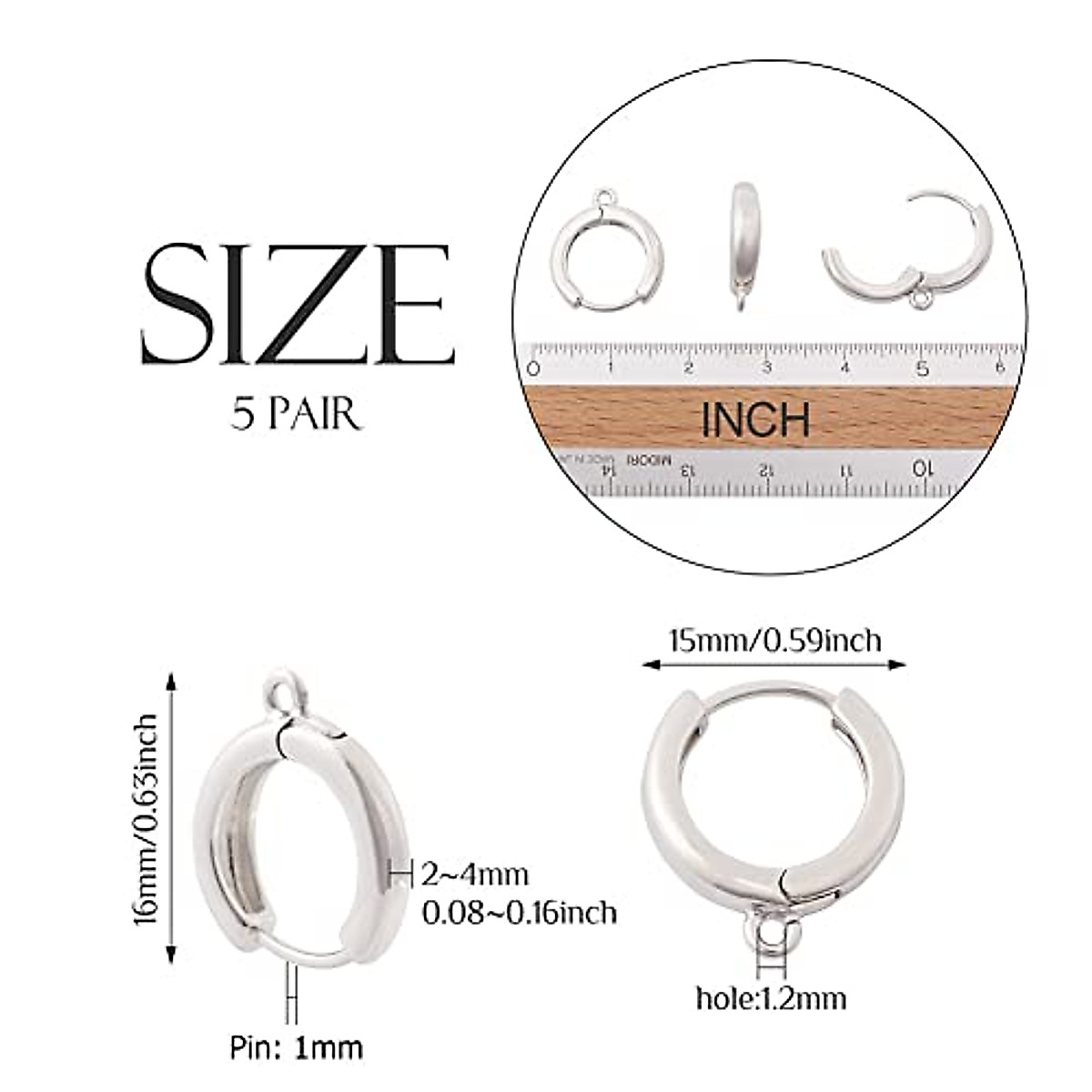 Fashewelry 10Pcs Leverback Ear Wires with Hang Loop Chunky Polished Circle Huggie Hoop Earrings Platinum Plated Piercing Ring Clip Stud Earring Hook for Dangle Earring Making 16x15mm