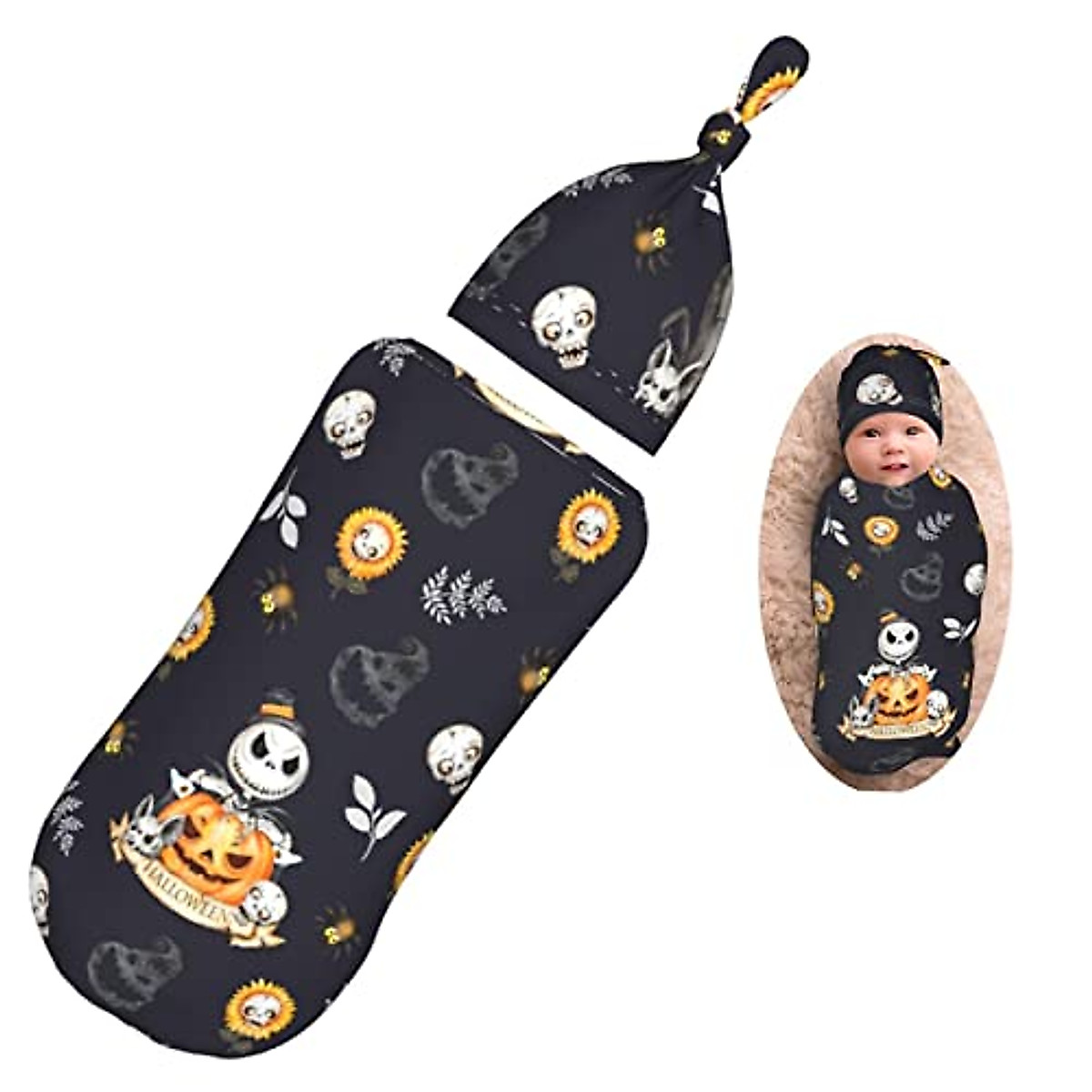AuHomea Halloween Pattern in Black Skulls Newborn Swaddle Blanket Soft Unisex Infant Swaddle Wrap Blanket Baby Receiving Blanket with Beanie Hat for Boy and Girl