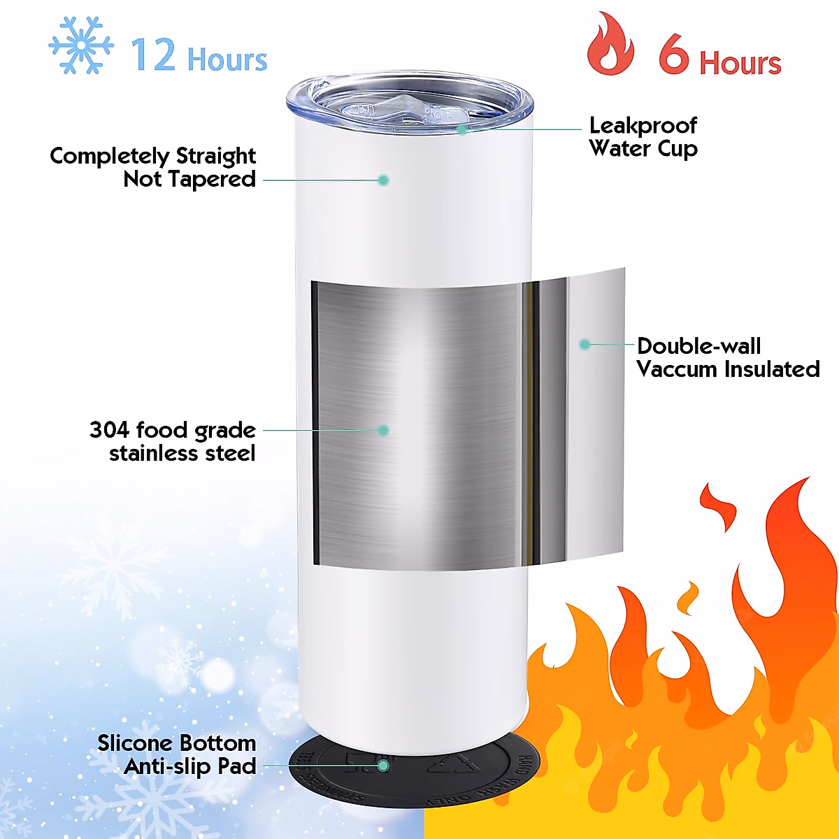 8 Pack 20oz Sublimation Tumbler Bulk, Skinny and Straight, Double-Wall Insulated Stainless Steel Tumbler Cups with Indivisual Gift Box, Tumbler Mearsuring Ruler, Heat-resistant Tape and Gloves