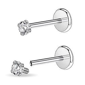 PunkTracker 16g/18g Surgical Steel Internal Thread CZ Stud Piercing Jewelry for Tragus/Nose/Helix/Conch/Medusa/Lip/Labret - Helix Tragus Cartilage Earring for Women Men 2PCS