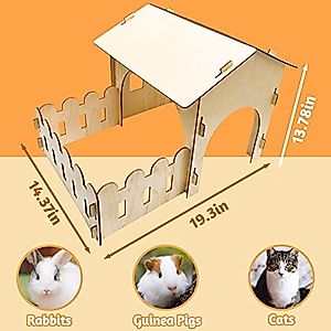Fhiny Wooden Rabbit Castle Hideout with Fence, Small Animal Rest and Play House Hideaway with Window Detachable Rabbit Bed Hut Bunny Castle for Indoor Chinchilla Guinea Pig Hedgehog