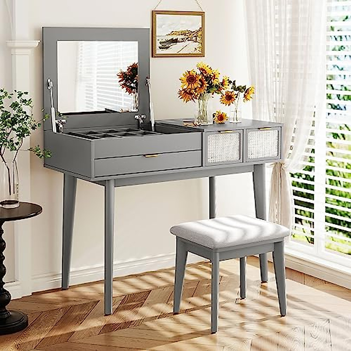 Lifeand 43.3" Classic Wood Makeup Vanity Set with Flip-top Mirror and Stool, Dressing Table with Three Drawers and Storage Space,Gray