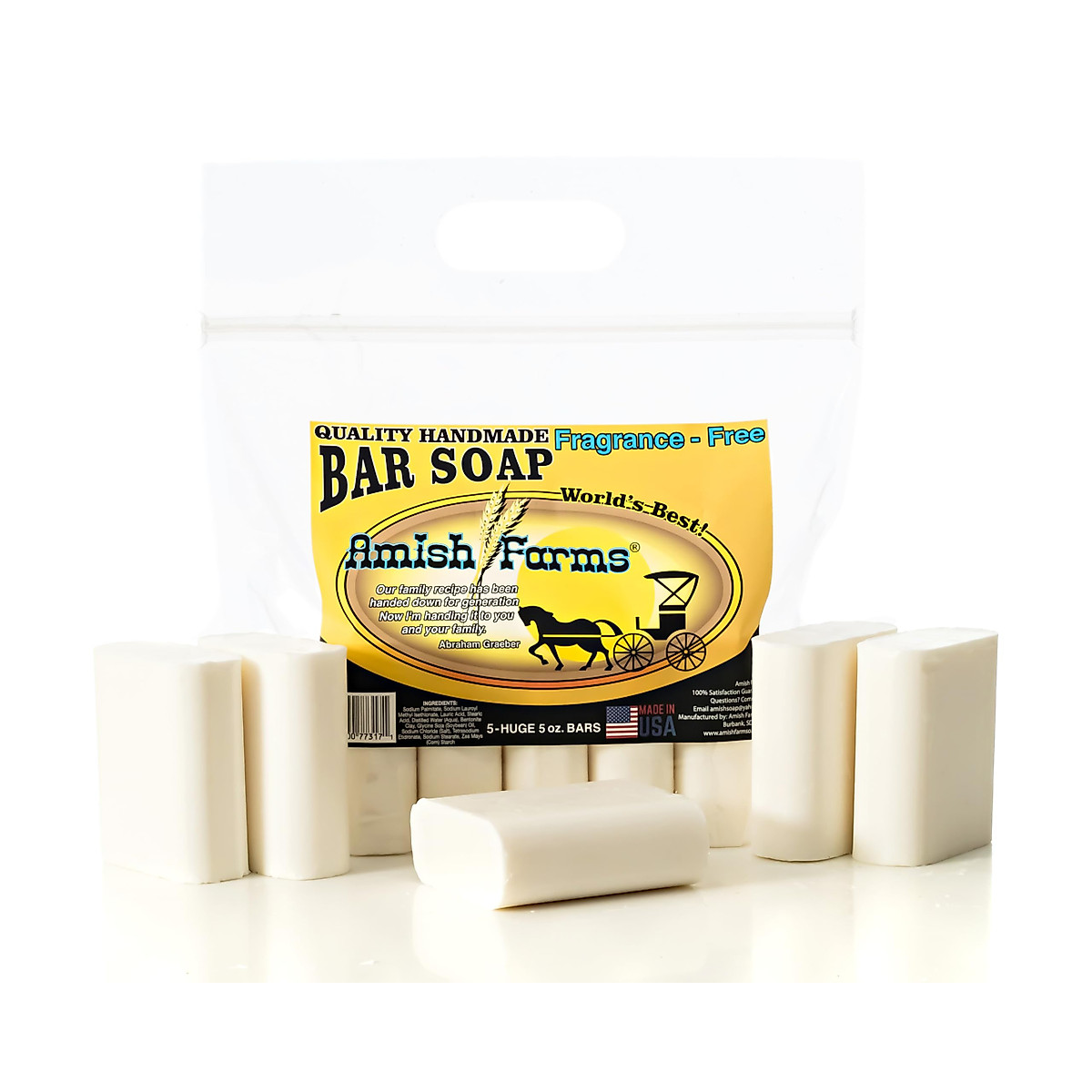 Amish Farms Fragrance-Free & Dye-Free Natural Bar Soap for Sensitive Skin (Huge 5 Bars) - Made in USA, Moisturizing Native Unscented Bar Soap (5-Pack)