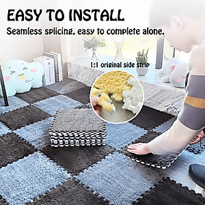 20 Pcs 12x12in Interlocking Foam Plush Play Puzzle Carpet Washable Soft Fluffy Square Foam Floor Tiles Mat,Four Seasons Anti-Slip Split Joint Play Area Protective Rugs(Color:Gray + White)
