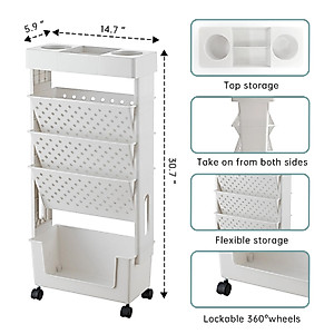 5 Tier Mobile Bookshelf Rolling Book Rack with Wheels, Removable Storage Bookcase Slim Rolling Storage Book Cart for Students Teachers and Adult in School Home Office