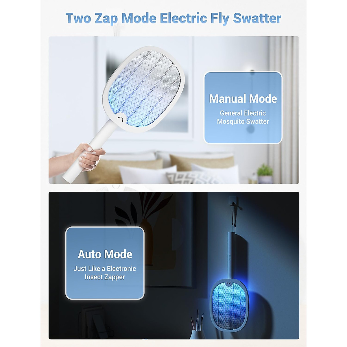 YISSVIC Electric Fly Swatter Foldable Bug Zapper Racket 2 in 1 Mosquito Killer with Purple Attractant Light Rechargeable 1800mAh for Indoor Home Backyard Patio Camping