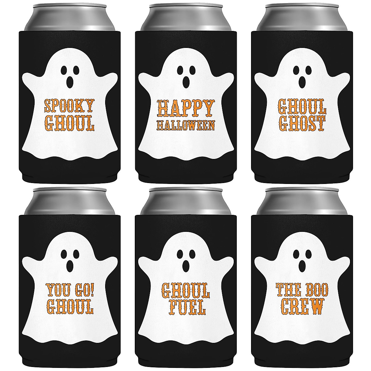 Pop Nordic Halloween Party Can Cooler Sleeves - 6 Pack Halloween Ghost Drink Cooler Decor, Funny Beer Cozy Bulk for Halloween Party Favor Supplies Gathering Gift Ideas