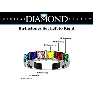 Central Diamond Center Princess Channel Set Mothers Ring with 1 to 6 Simulated Birthstones - Silver - Size 8