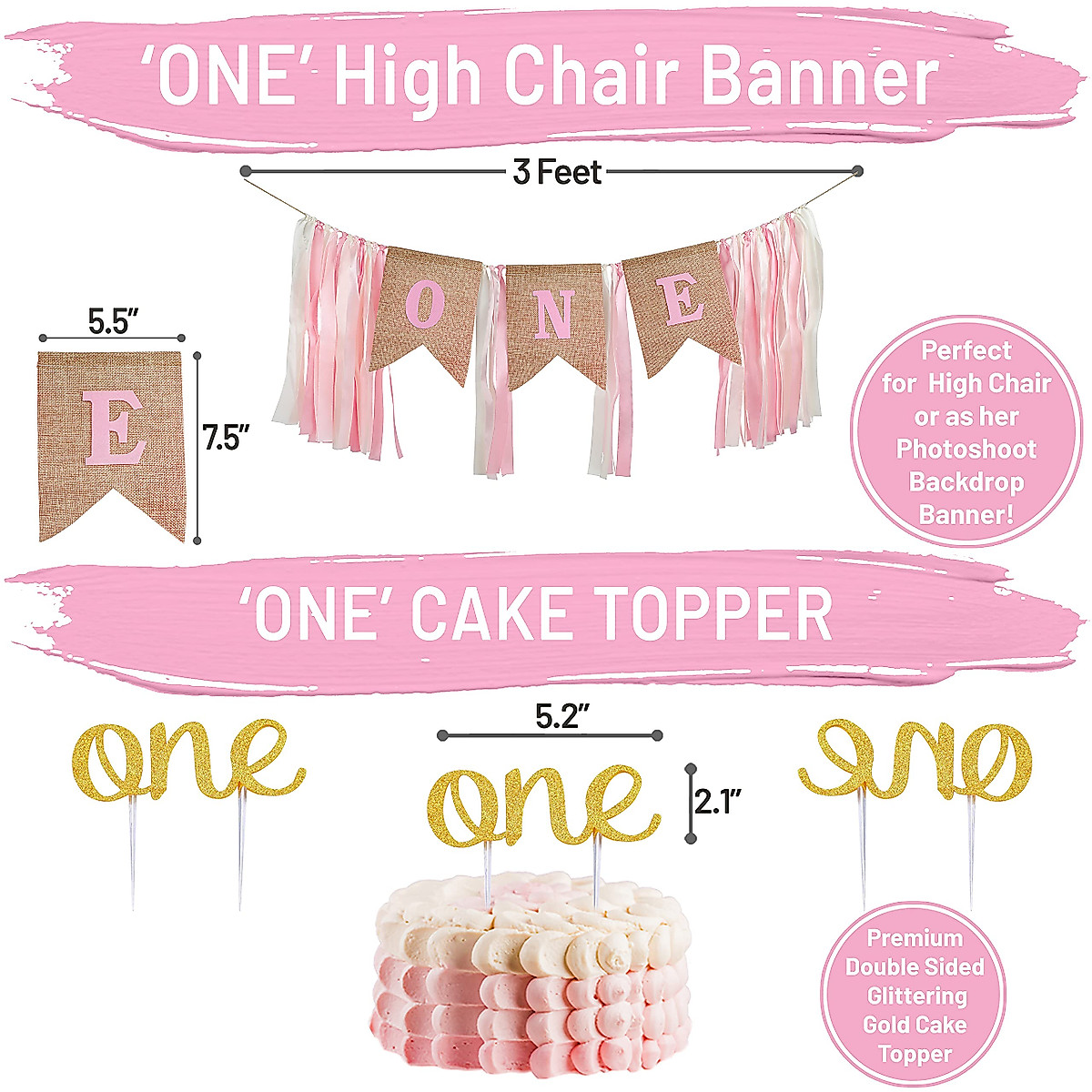 Baby Girl First Birthday Decorations - 1st Birthday Girl Decoration Pink Gold Party Supplies - Happy First Birthday Banner, Number 1 Balloon and Crown, Balloon Arch, High Chair Banner, ONE Cake Topper