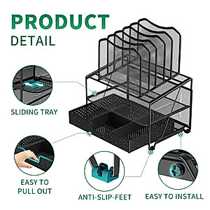 Simple Trending Mesh Desk Organizer with Sliding Drawer, Double Tray with 5 Sections File Bookshelf, Black