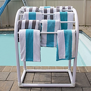 Pool Bins 5 Bar Curved Towel Rack - Free Standing Poolside Storage Organizer - Also Stores Floats, Paddles and Noodles, (23" L x 37.5" W x 49.5 H), White