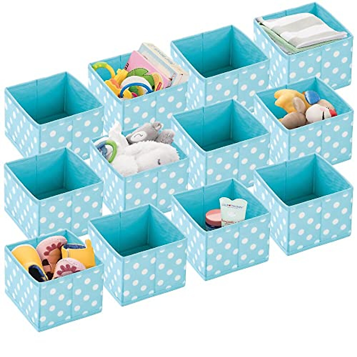 mDesign Soft Fabric Polka Dot Dresser Drawer and Closet Storage Organizer, Bin for Child/Kids Room, Nursery, Playroom, Bedroom, 12 Pack - Turquoise Blue/White