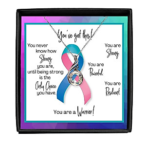 Thyroid Cancer Warrior Necklace - Gift for Support, Fighter, Survivor - Blue, Pink and Teal Ribbon Awareness - Jewelry for Post-Surgery, Chemo Patient