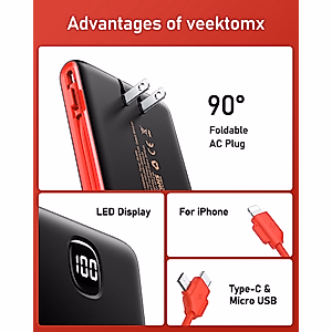 VEEKTOMX Portable Charger with Built in Cables 22.5W 10000mAh, Power Bank for iPhone with AC Wall Plug, Fast Charging USB C Slim Battery Pack with LED Display Compatible with iPhone15/14/13, Samsung