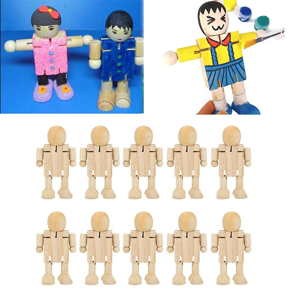 Natudeco 10PCS Toy People Set Unfinished Wood Toys Wooden Craft People Figures Unfinished Wooden Figures Kit Joint Adjustables Robot Paintable Childrens Early Learning Doll Toy Home Decoration
