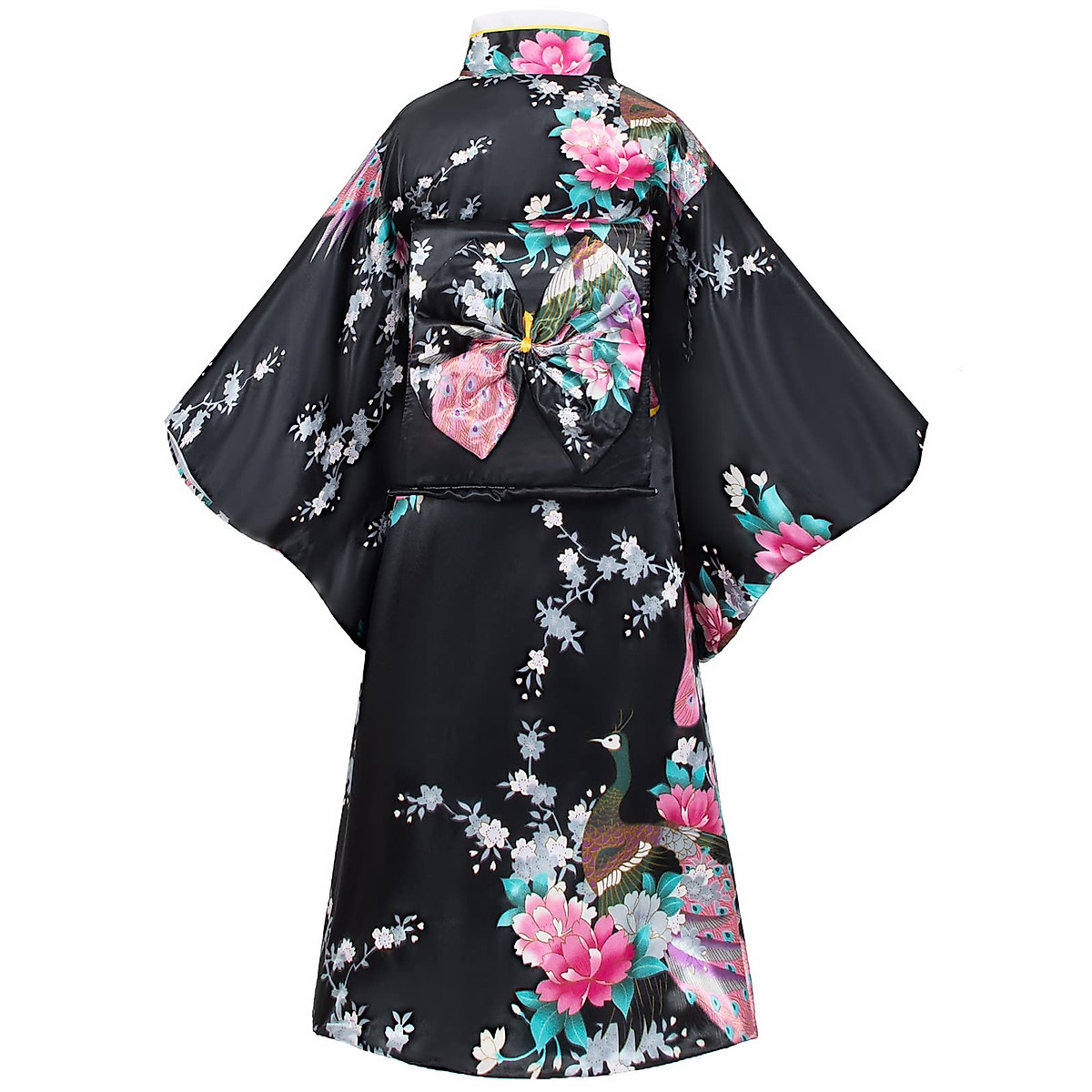 Japanese Traditional Dress Kimono Robe for Kids Girls Costume Silk Folding Fans hairstick Set(Black150cm)